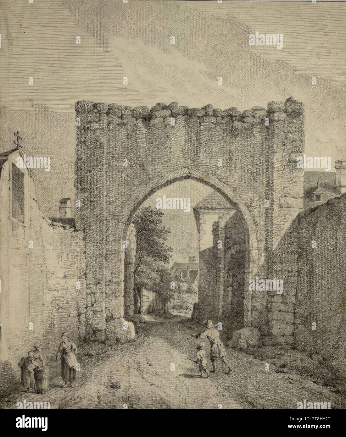 City gate with farmer and child and two farm women, Friedrich August ...