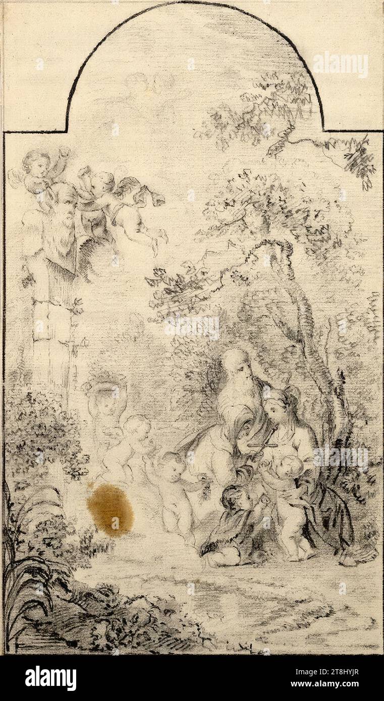 The holy family with John and a saint, angel putti in a landscape ...