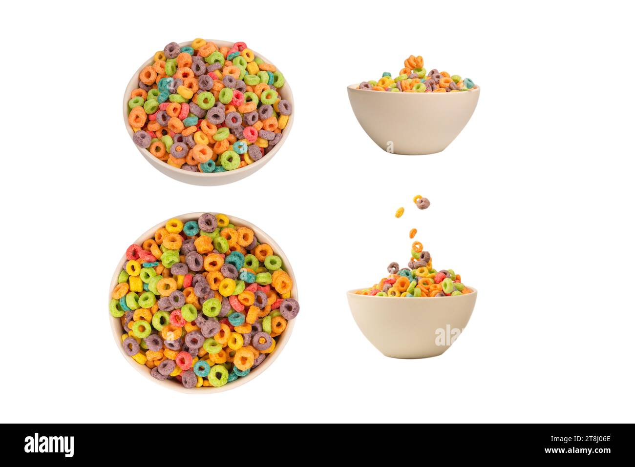 Colorful rings cereal spill out into a bowl. Breakfast. Isolated on a ...