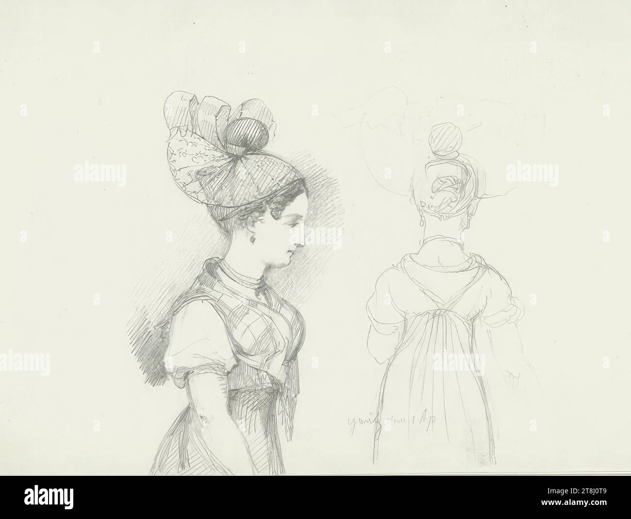 Grätz, half-length female figure in traditional costume, in profile and ...