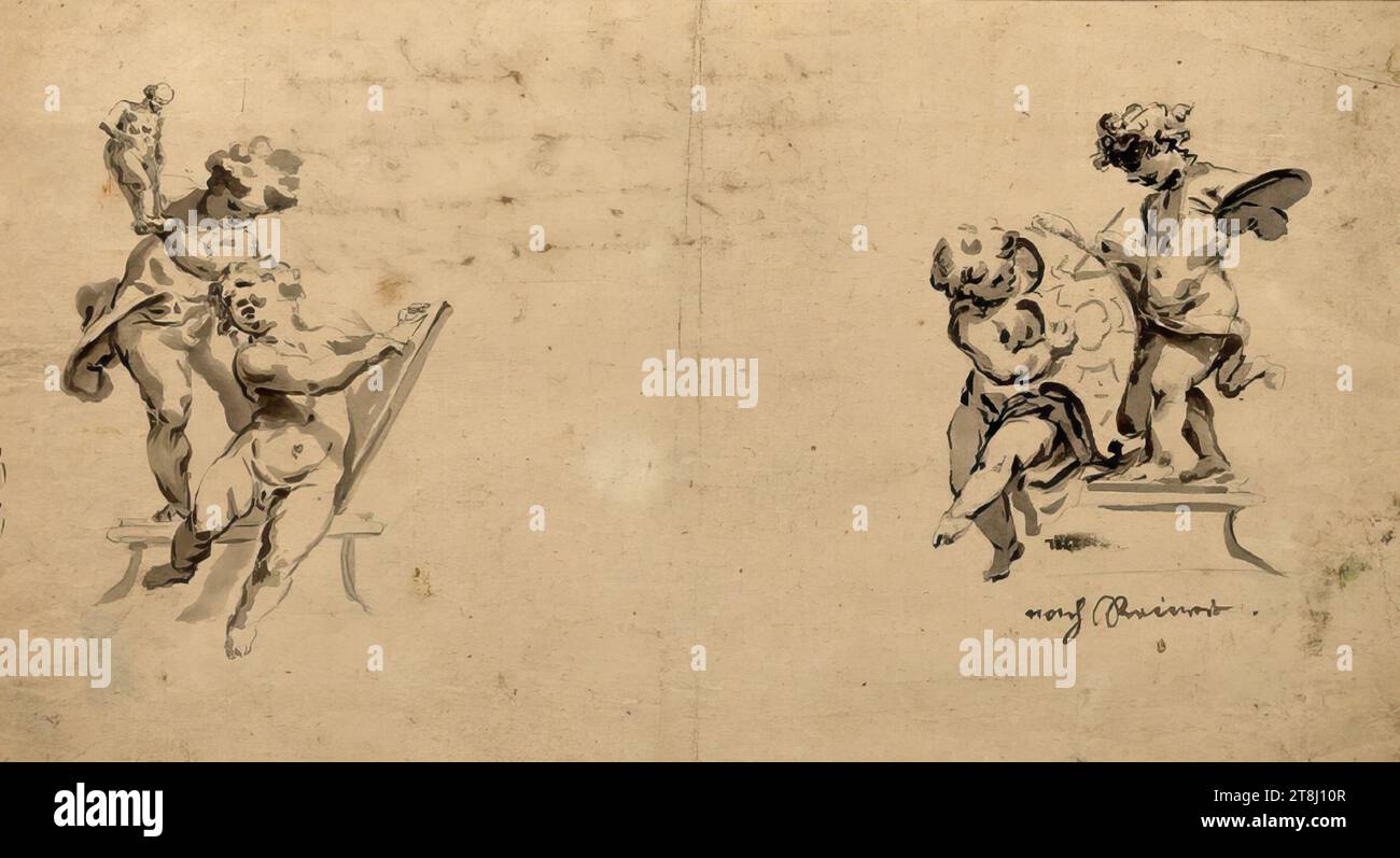 Two designs for decorative sculptures, group of putti, painting ...