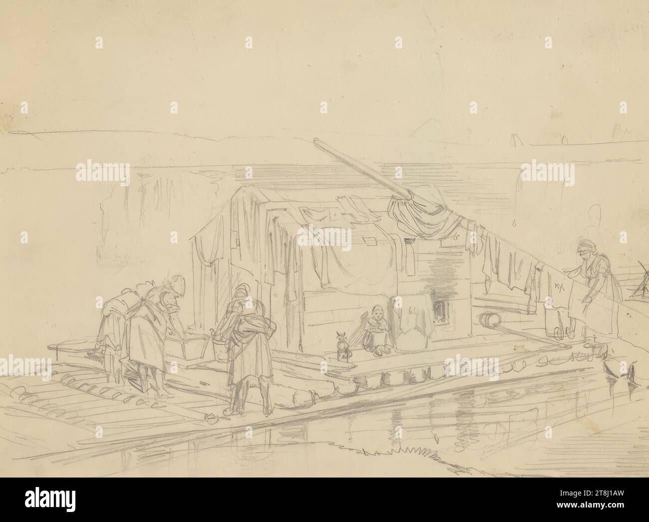 Washerwomen and a little girl with a dog on a Danube ship, Johann Adam ...