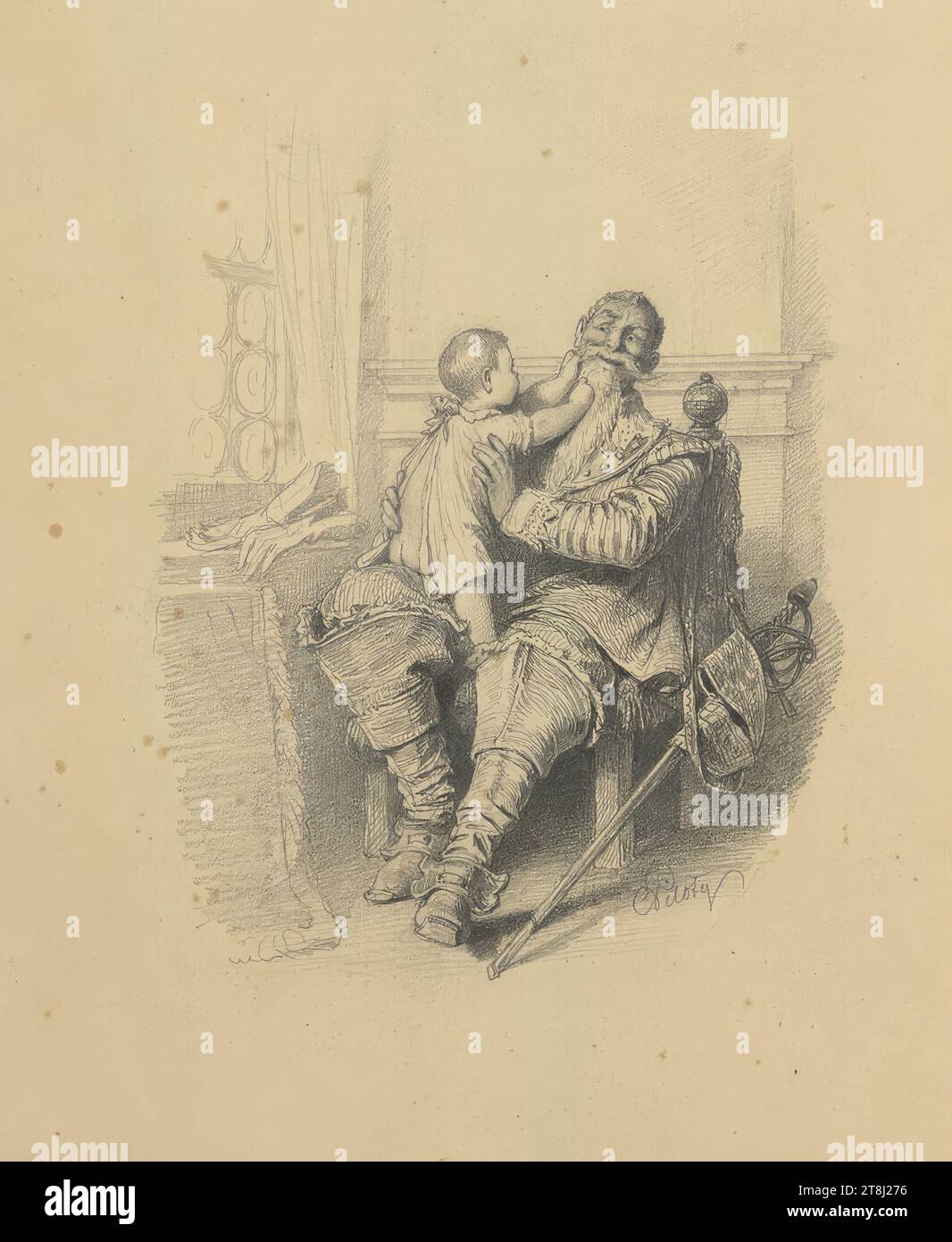 Warrior of the 17th century, playing with a child on his lap, Karl ...