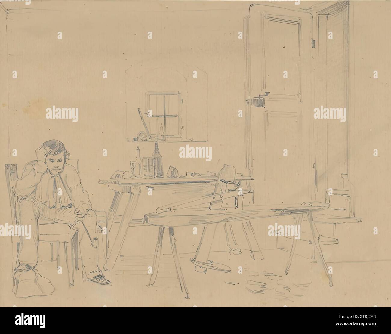 Smoking man sitting in a carpenter's workshop, Heinrich Stohl, Vienna ...