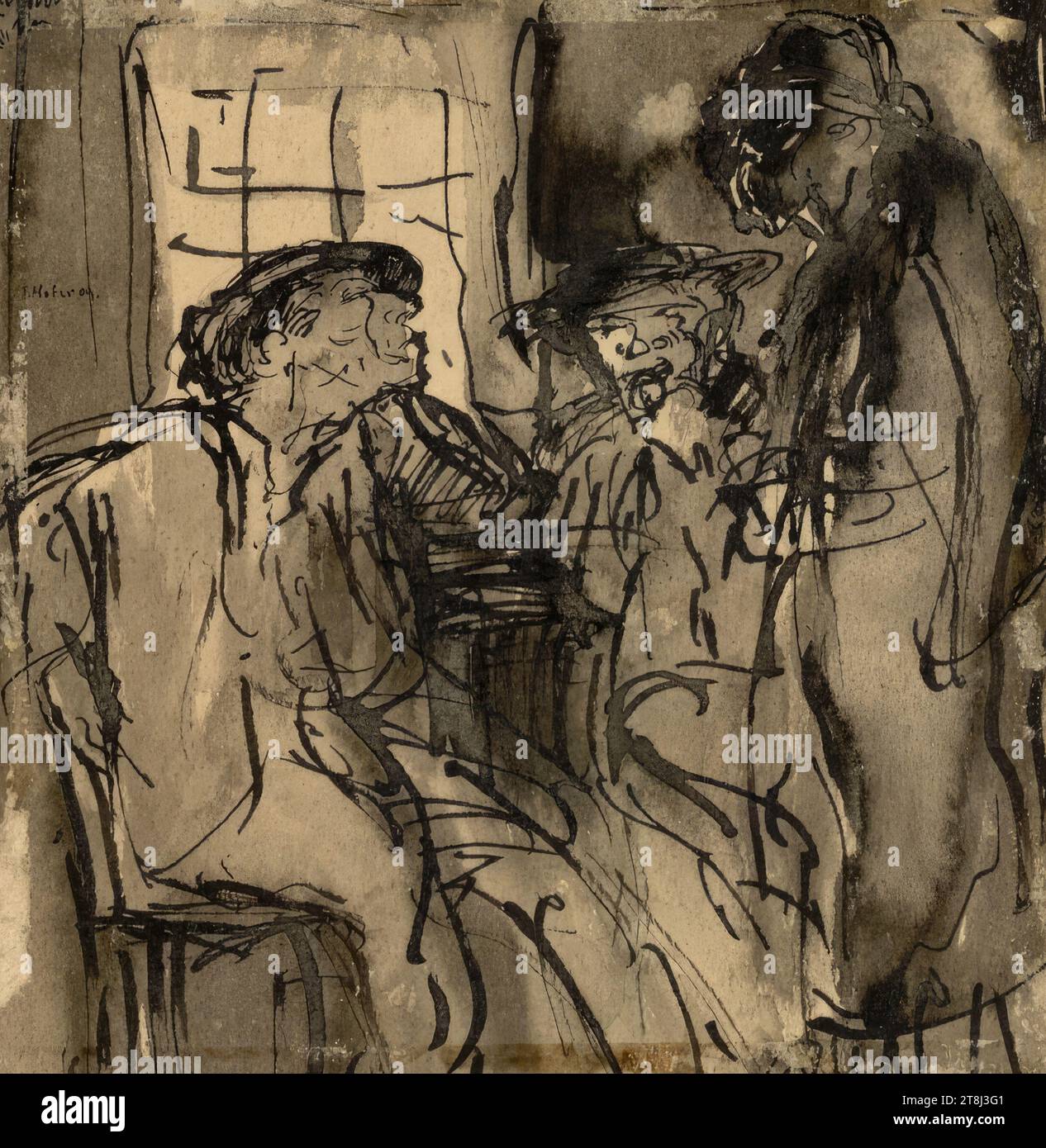 Three farmers in front of a window, Franz Hofer, Graz 1885 - 1915 Gorlice, 1909, drawing, pen ...