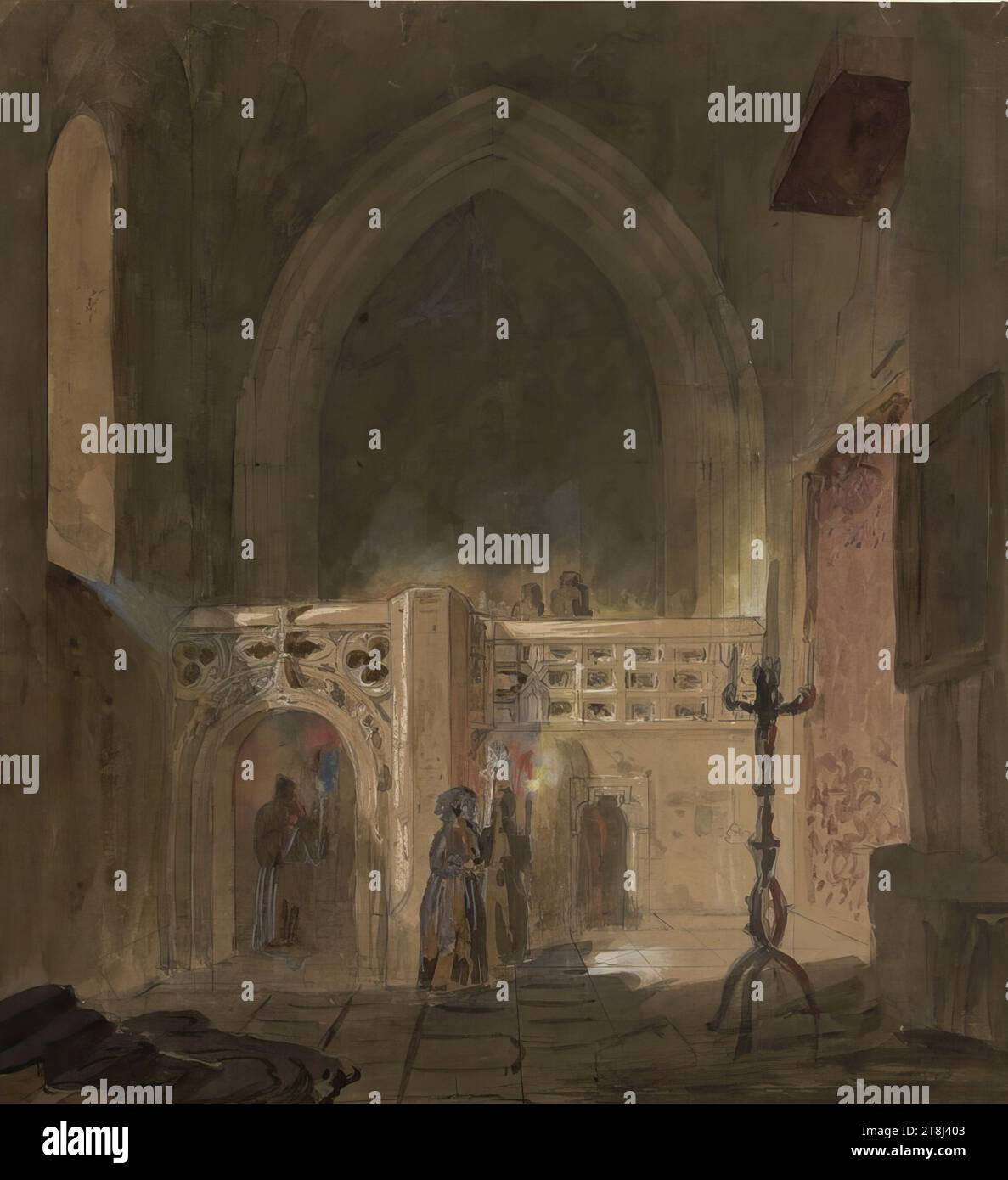 Gothic church interior with monks, Simon Quaglio, Munich 1795 - 1878 ...