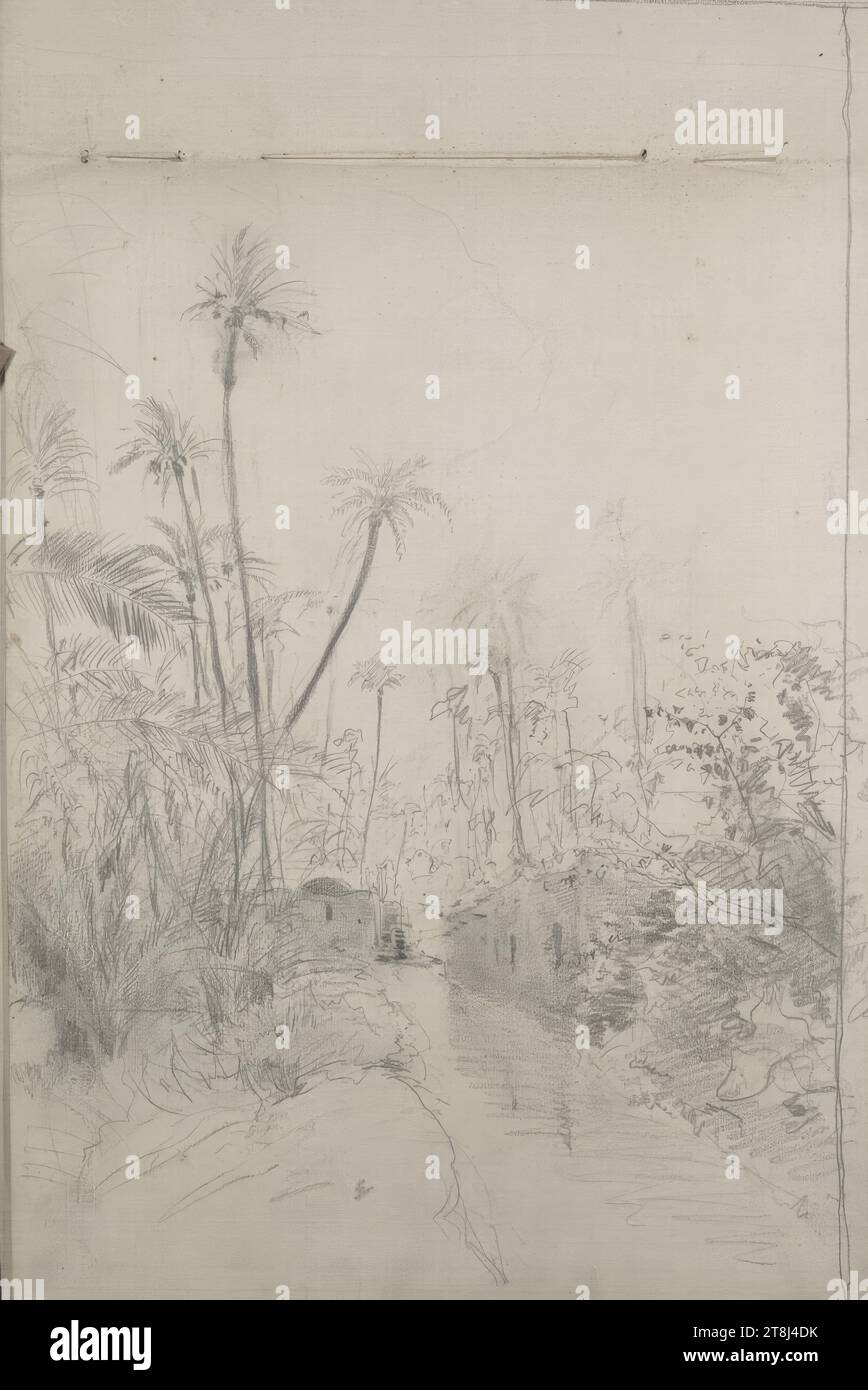Image composition sketch of a town surrounded by palm trees, Rösch ...