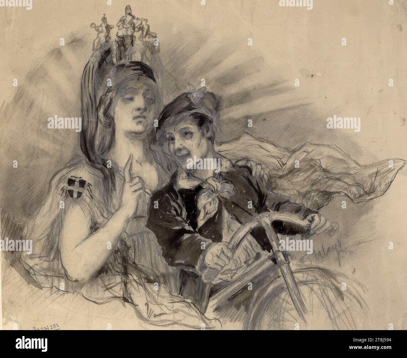 Crowned female figure and male figure with bicycle, Rudolf Weyr, Vienna ...