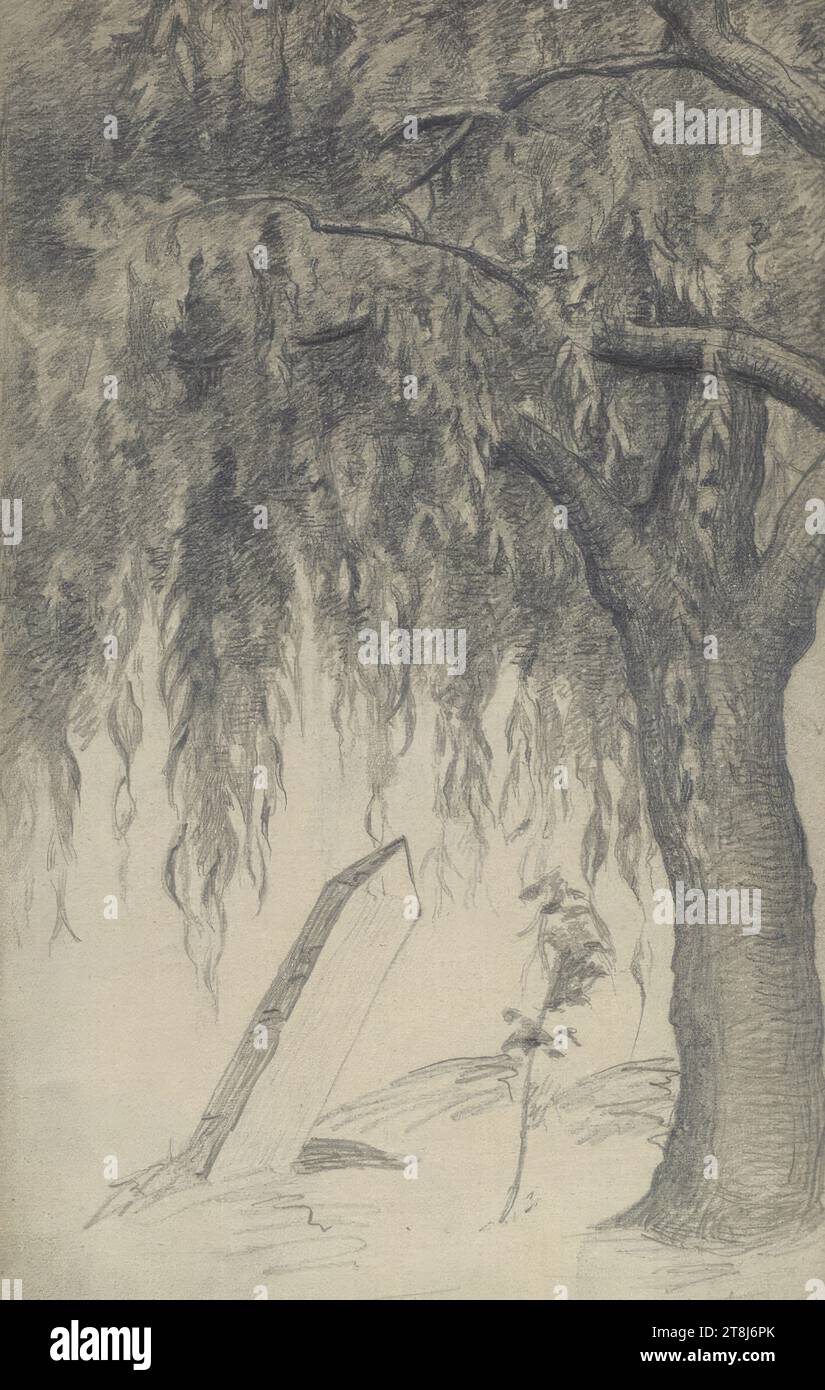 A gravestone, borderstone?, under a willow tree, sketchbook Swoboda ...