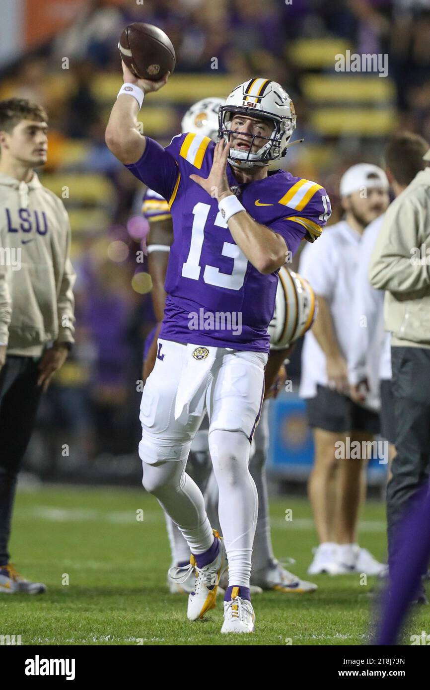 November 18, 2023: LSU quarterback Garrett Nussmeier (13) makes a throw ...