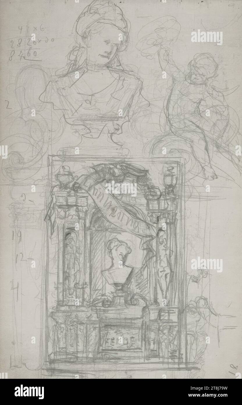 Architectural sketch of a baroque niche with bust, detailed sketches ...