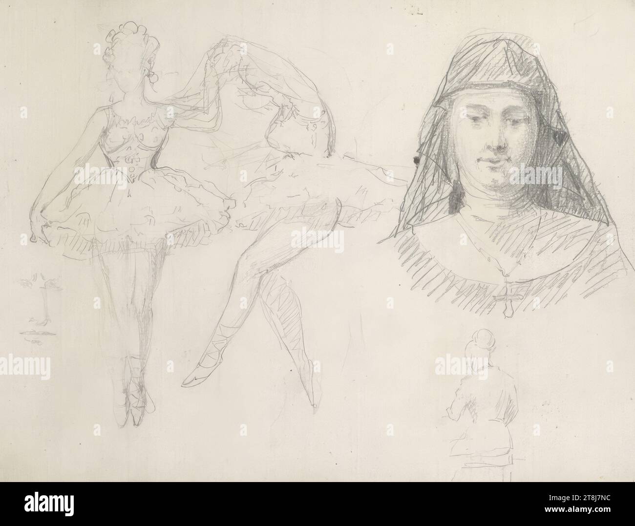 Sketch of two ballet dancers; Bust portrait of a nun, sketchbook ...