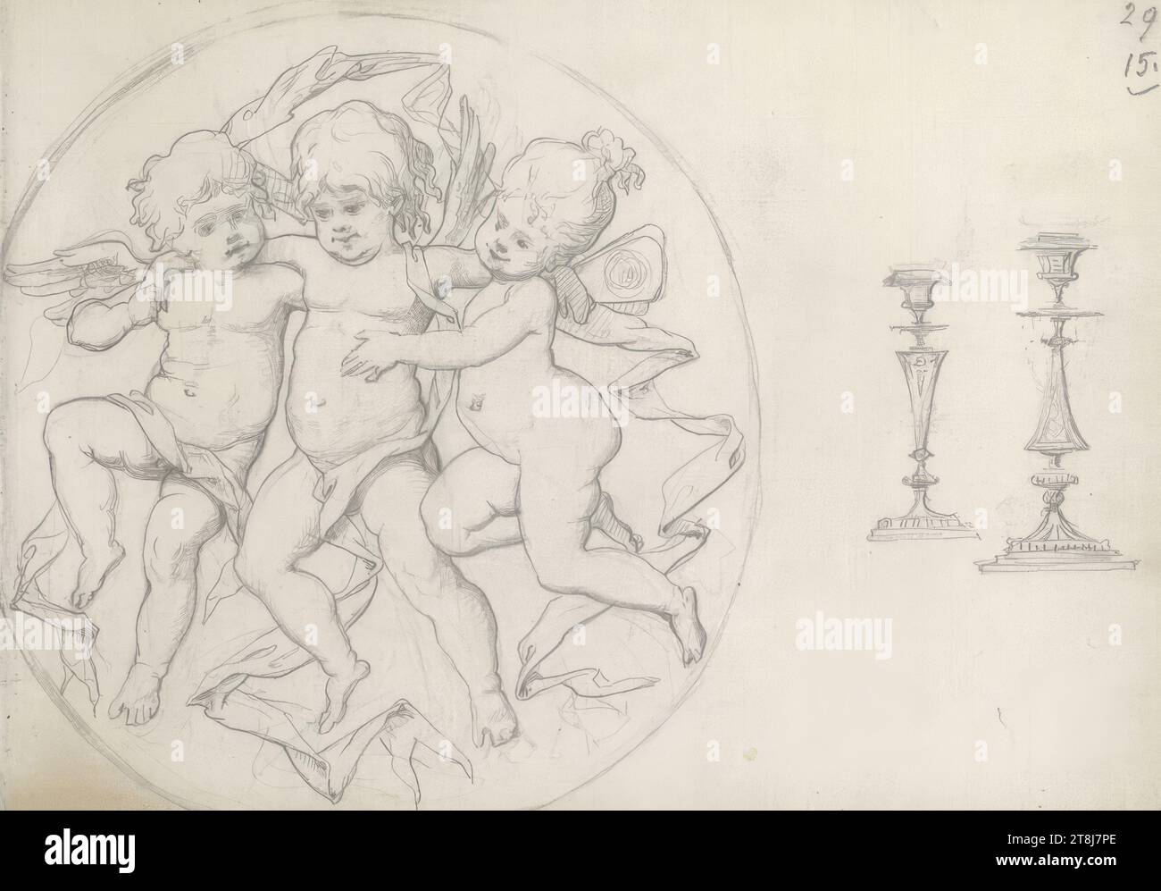 Sketch of a medallion with three putti; Sketch of two candlesticks ...