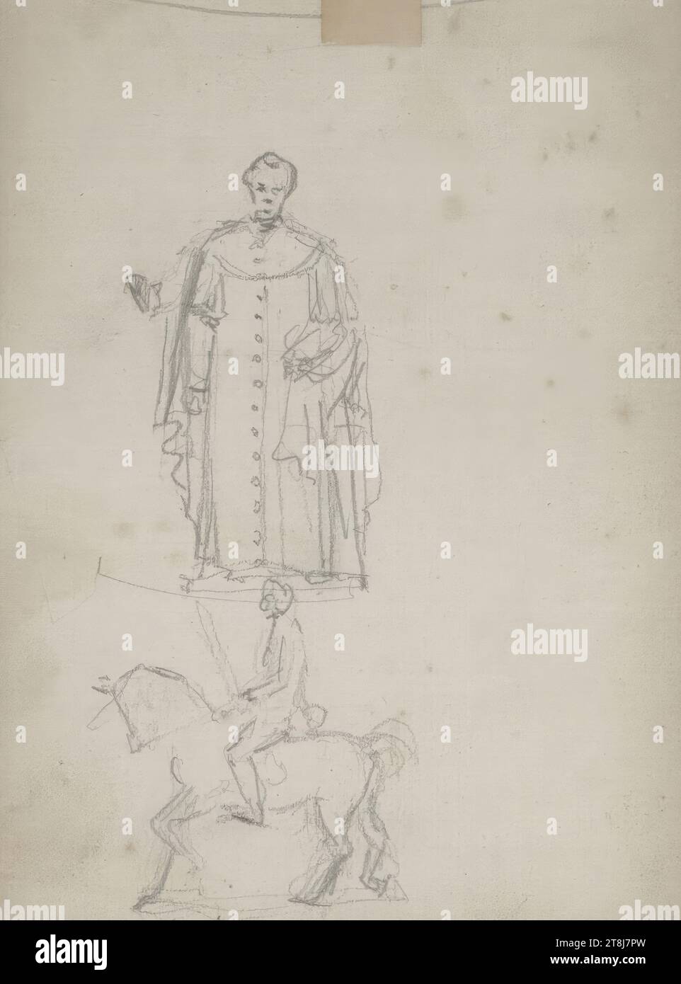 Figure sketches of a man standing in a gown and a rider, sketchbook ...