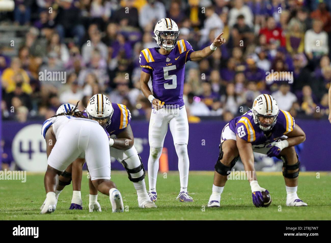 November 18, 2023: LSU quarterback Jayden Daniels (5) points out a ...