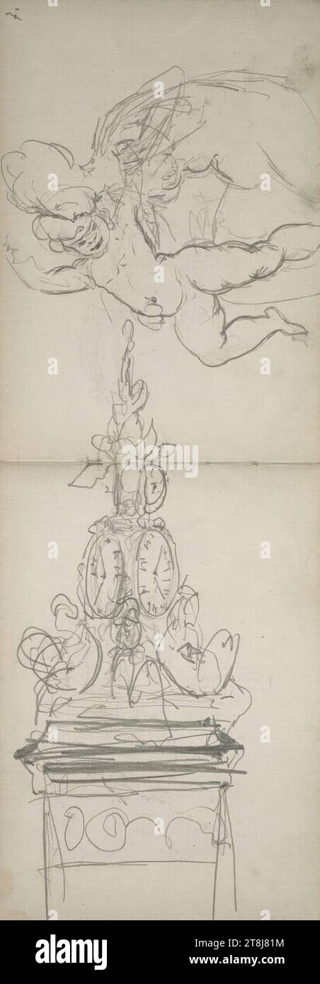 Sketch of a figuratively decorated clock tower; Figure sketch, mother ...