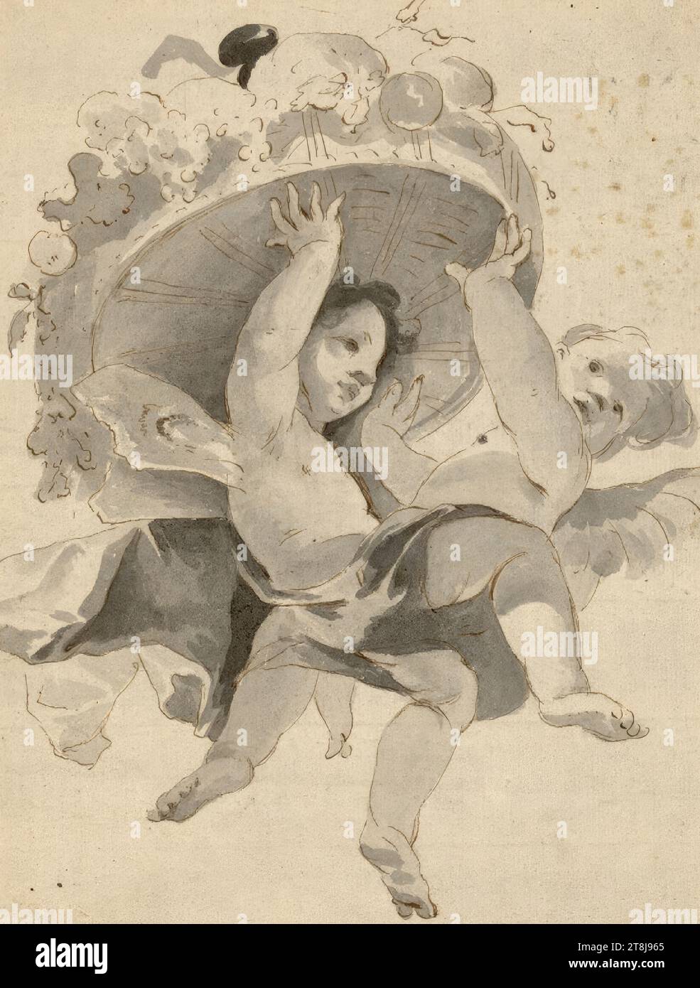 Two floating angels carrying a basket of fruit above them, Josef ...