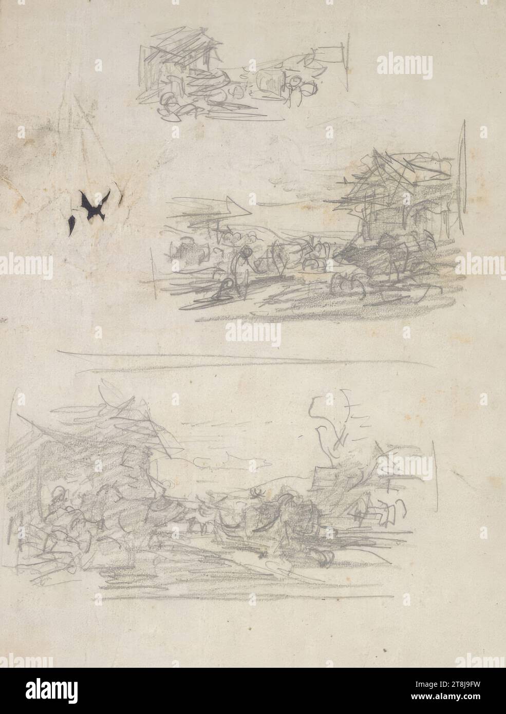 Three dynamic landscape sketches with figures, folder with 20 loose ...