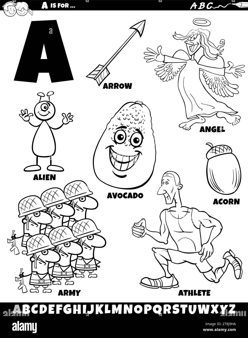 Cartoon illustration of objects and characters set for letter A ...