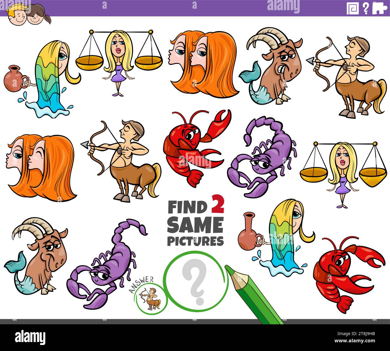 Cartoon illustration of finding two same pictures educational game with ...