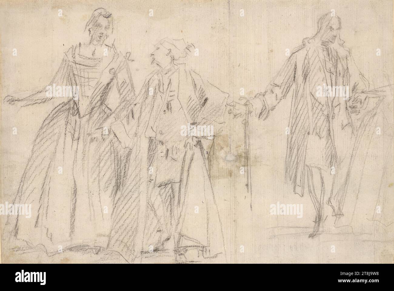 Sketch sheet with a woman and two men, second woman overlapped from the ...