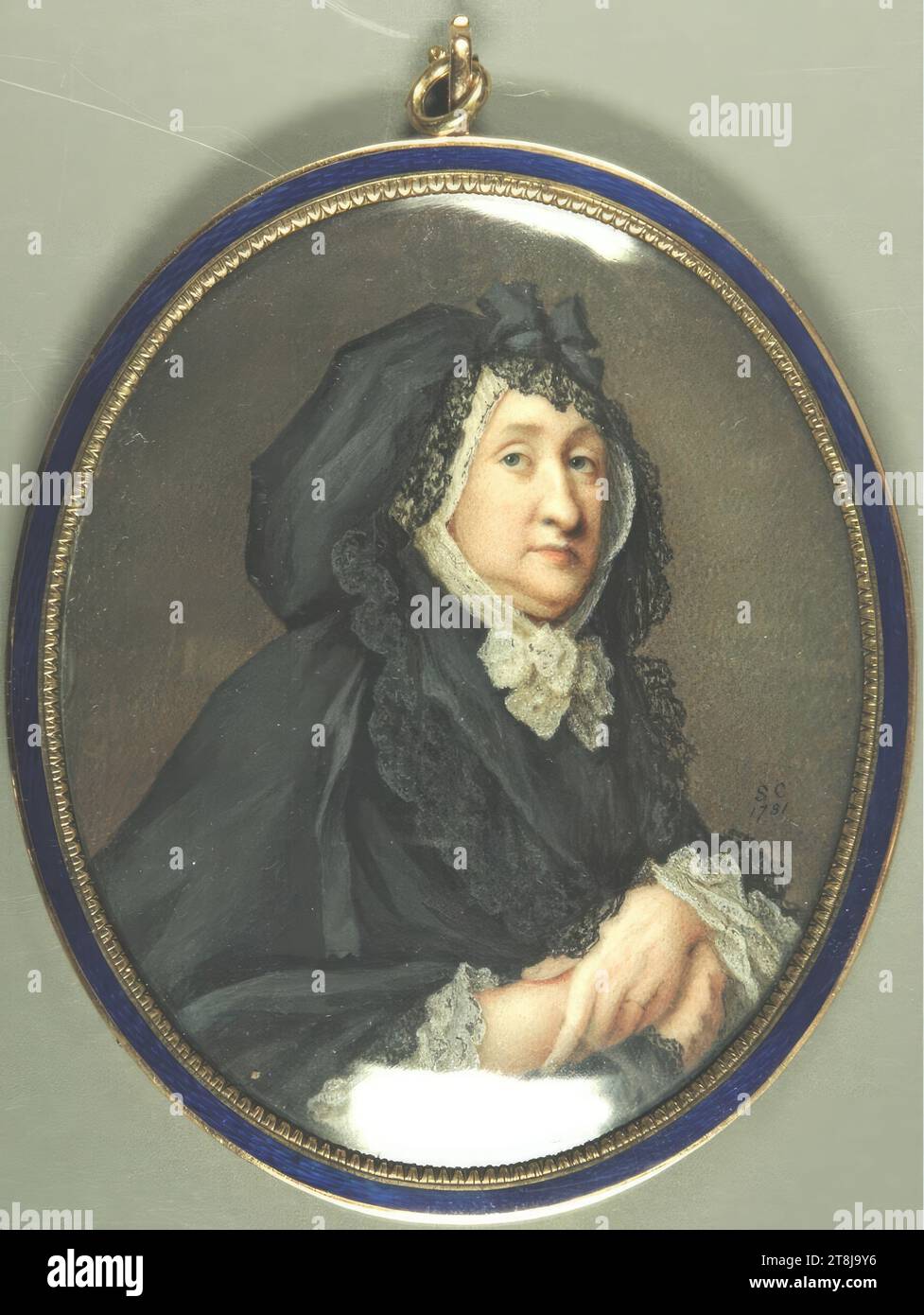 Elderly lady in black hooded mantilla, with folded hands, Samuel Cotes ...