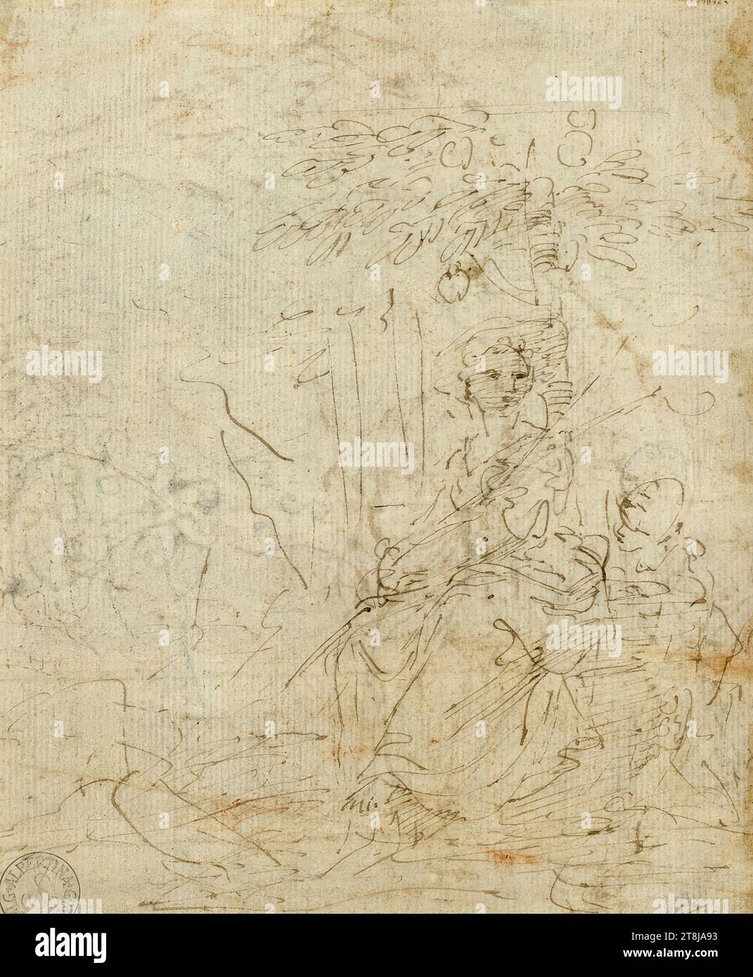 Female figure sitting under a tree with a child, rest on the run ...