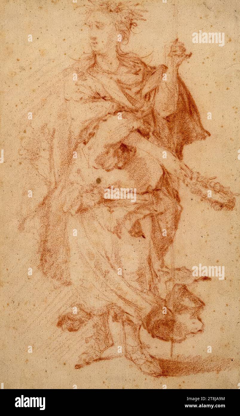 Female allegorical figure with laurel wreath and lance, drawing, black ...