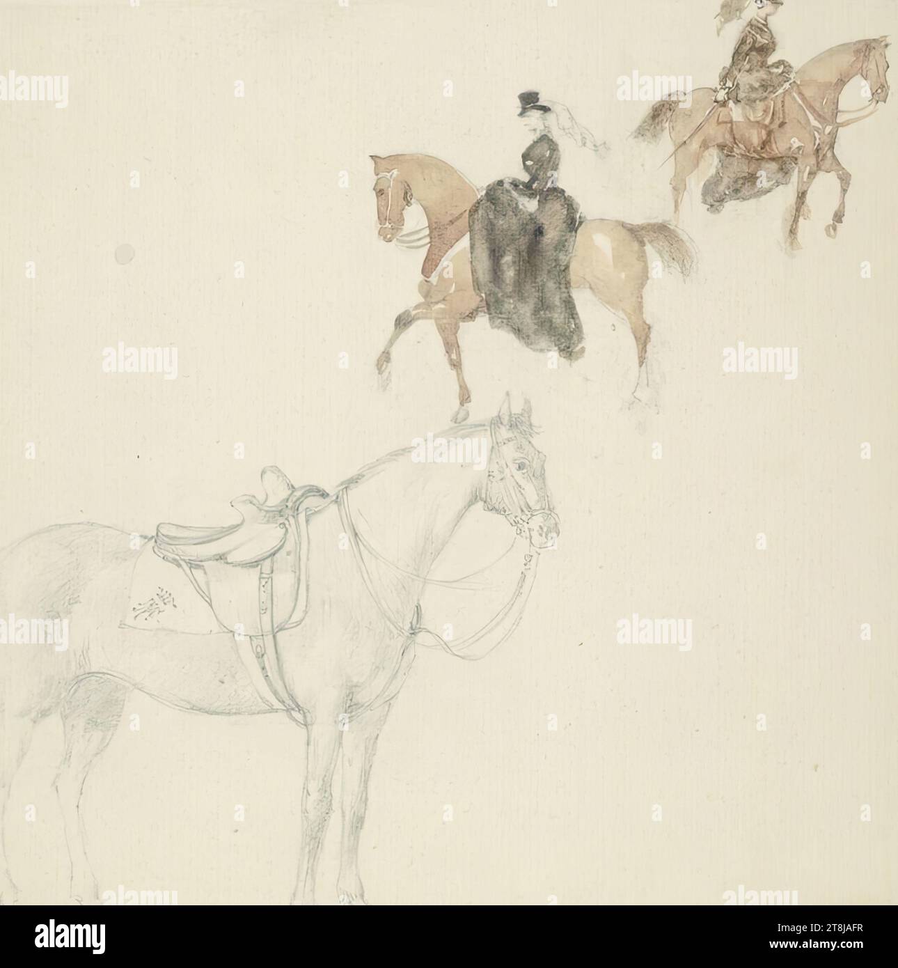 Saddled horse, two riders, Alt Franz sketchbook; 13 pasted pages, Franz ...