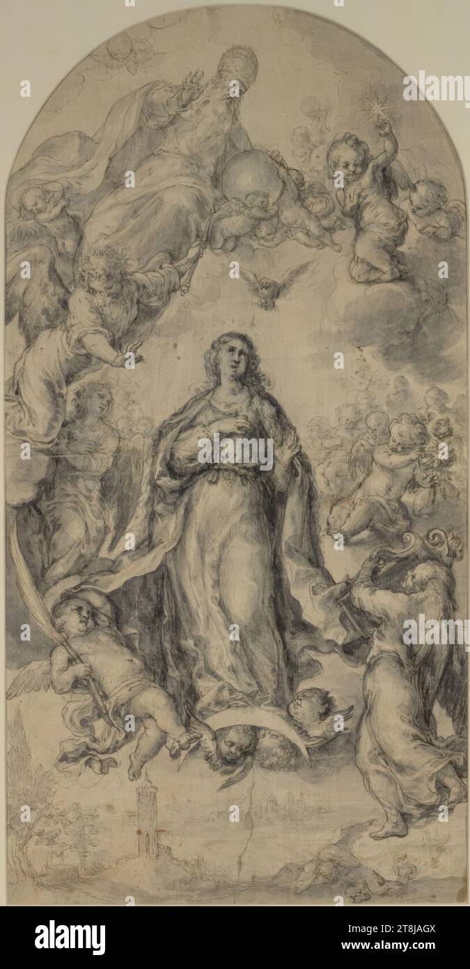 Assumption of Mary, design for an altarpiece, anonymous, drawing, brown ...