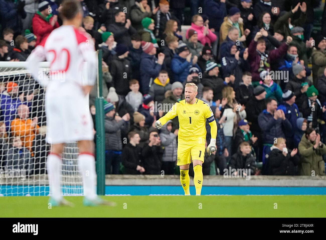 Danish goalkeeper Kasper Schmeichel reacts after Northern Ireland ...