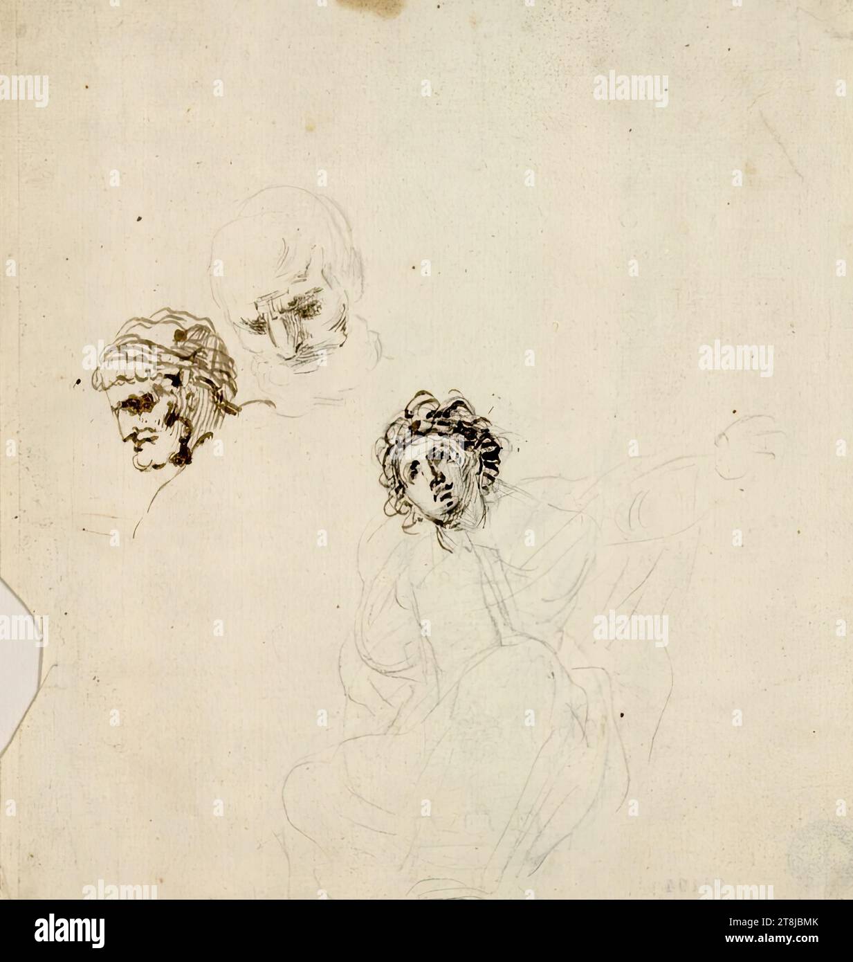 Sketch of a seated male figure, the head elaborated; two further male ...