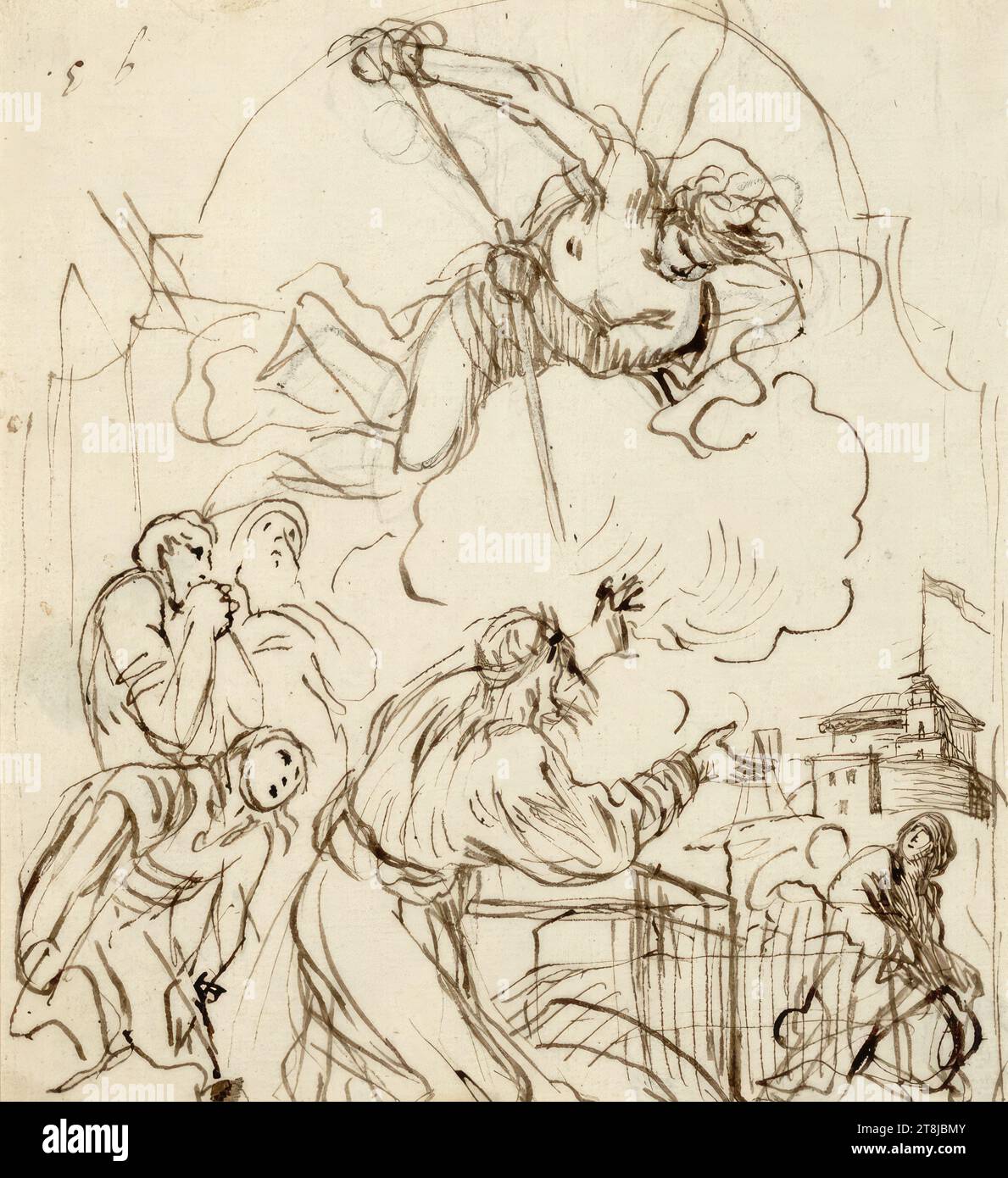 A king kneels in intercession with attendants; above angel with sword ...