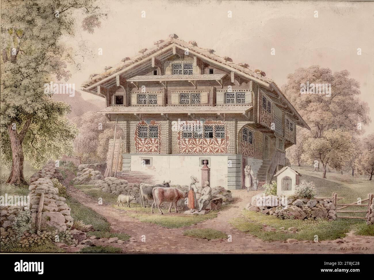 Farmhouse in the canton of Obwalden with cattle at the watering trough ...