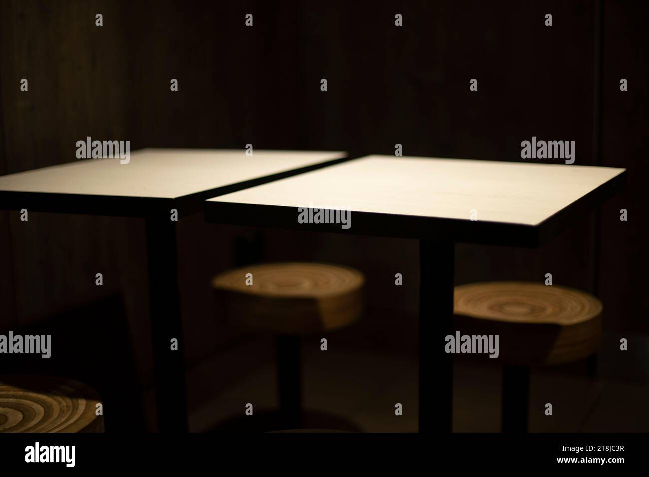 White table. Interior details. Place for EDV. Restaurant inside. Empty ...