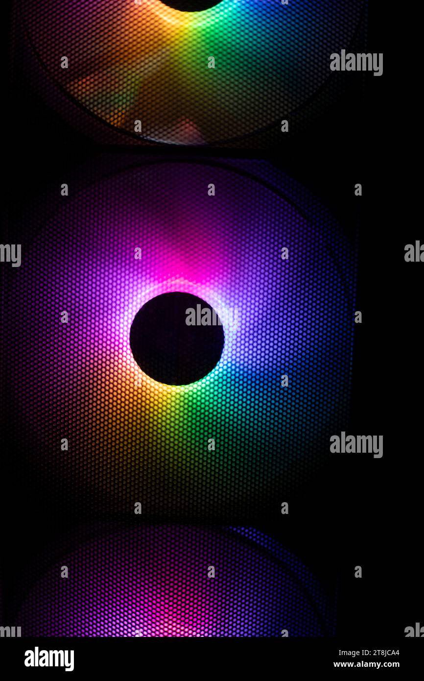 Colored fan. LED lighting in a computer. Equipment design details ...