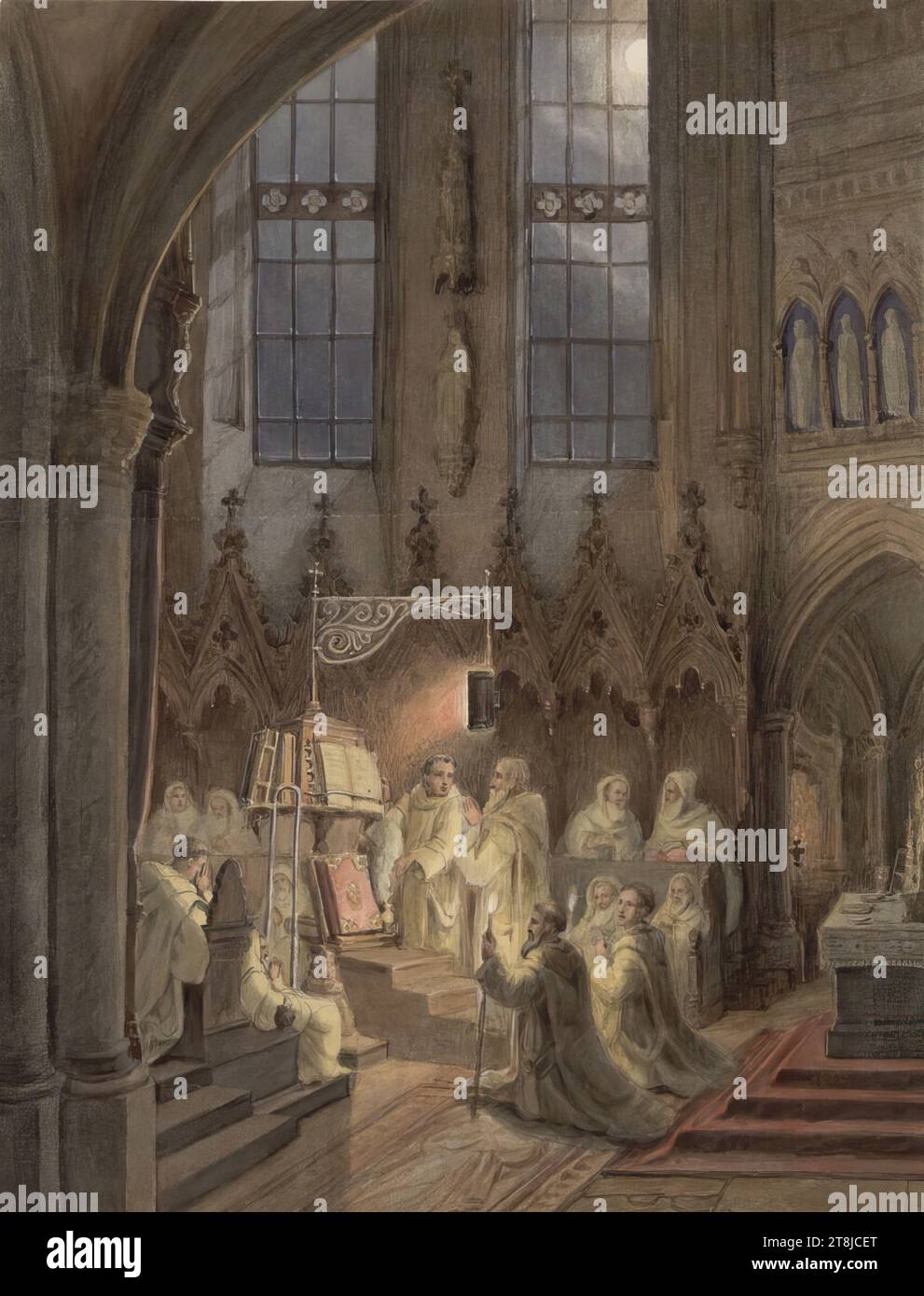 Praying monks in the choir of a Gothic church; Moonlight through the ...