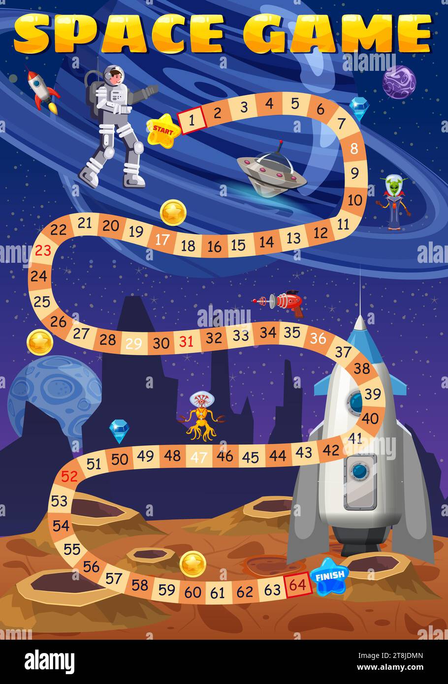Design Space Boardgame astronaut, spaceship, rocket, UFO, step ...