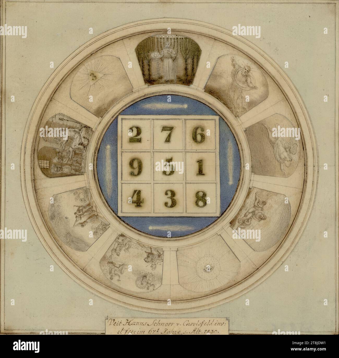 Magic number square, inscribed in a circle of nine arcades with ...