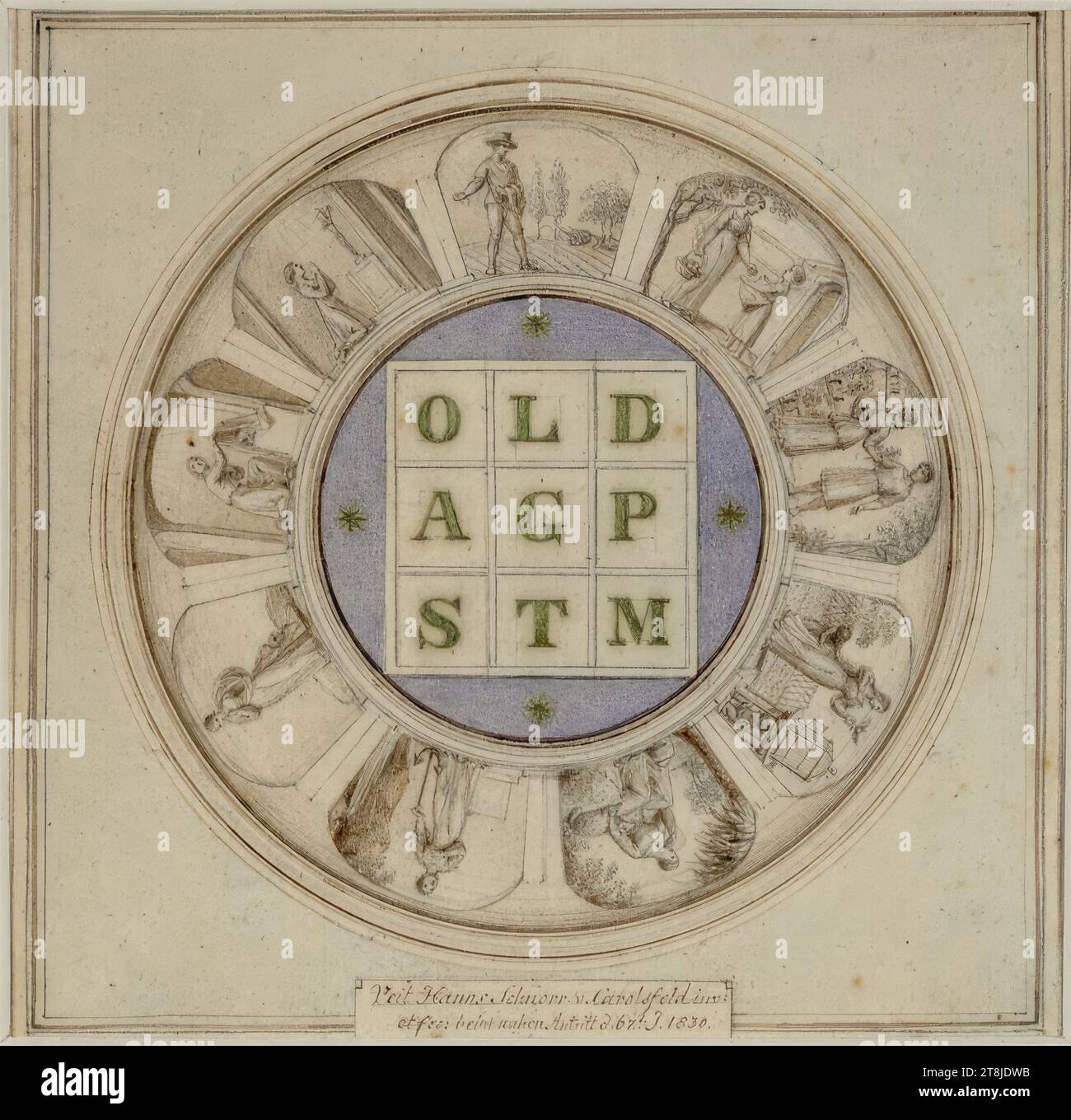 Magic letter square, inscribed in a circle of nine arcades with ...