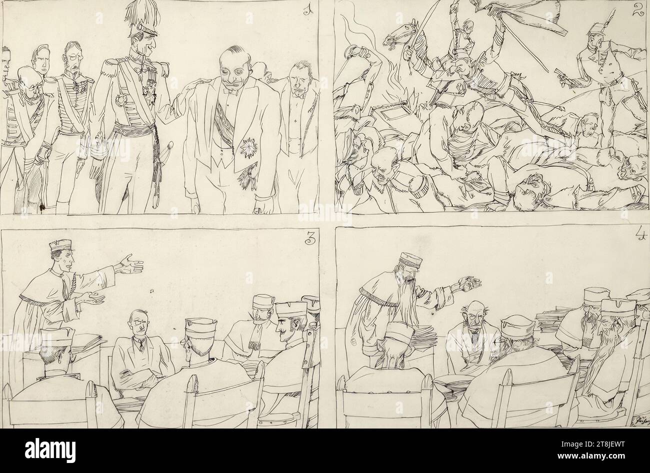Political cartoon in 4 episodes, Erwin Puchinger, Vienna 1875 - 1944 Vienna, drawing, pen, ink ...