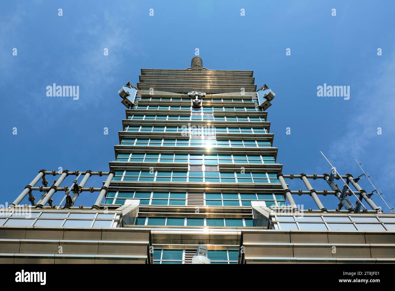 Top of the Taipei 101 skyscraper, as seen from the open air observation ...