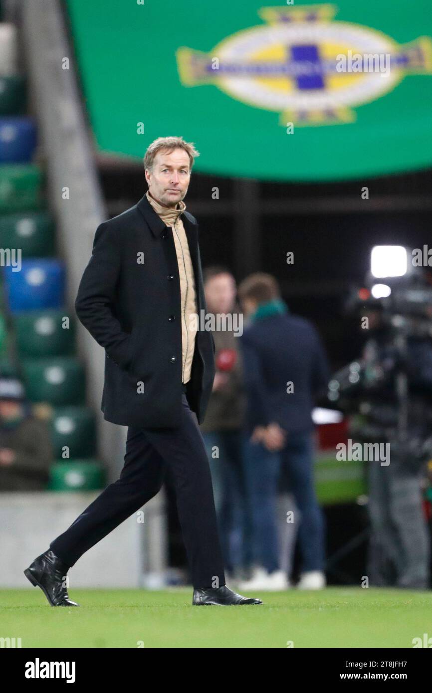 Denmark head coach Kasper Hjulmand walks on the pitch at the end of the ...