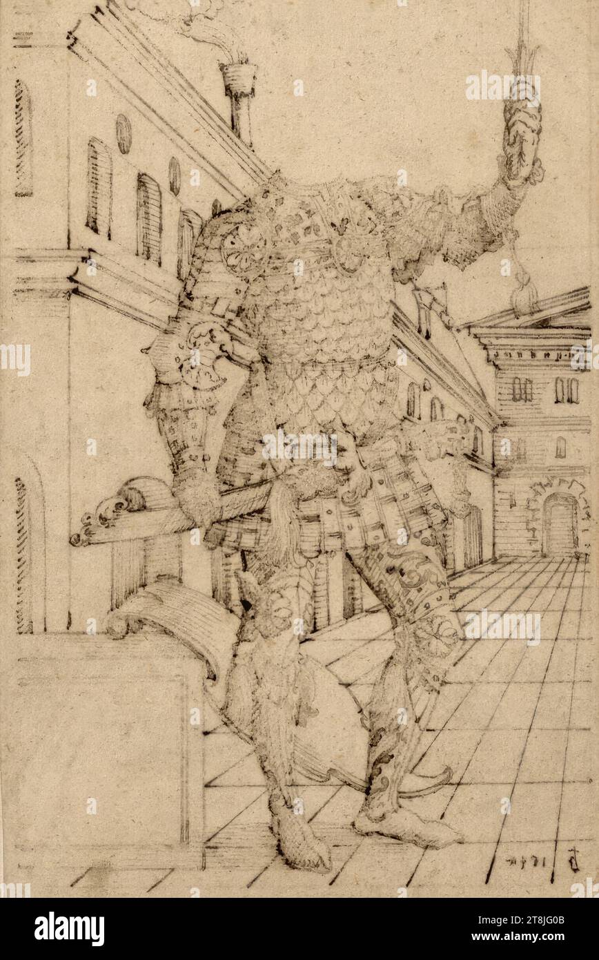 Knight in magnificent armor, the head is missing, and a shield in front ...