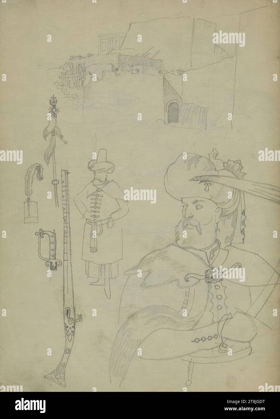 architectural sketch; rough and fine sketch of two Ottomans; Sketch of ...