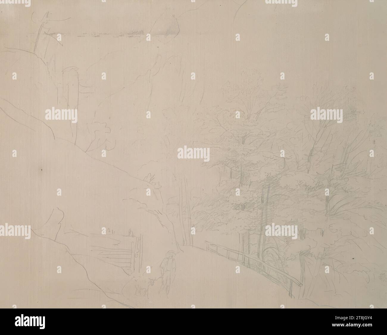 Farmer with a goat on a rope on a forest path, sketchbook Toma Matthias ...