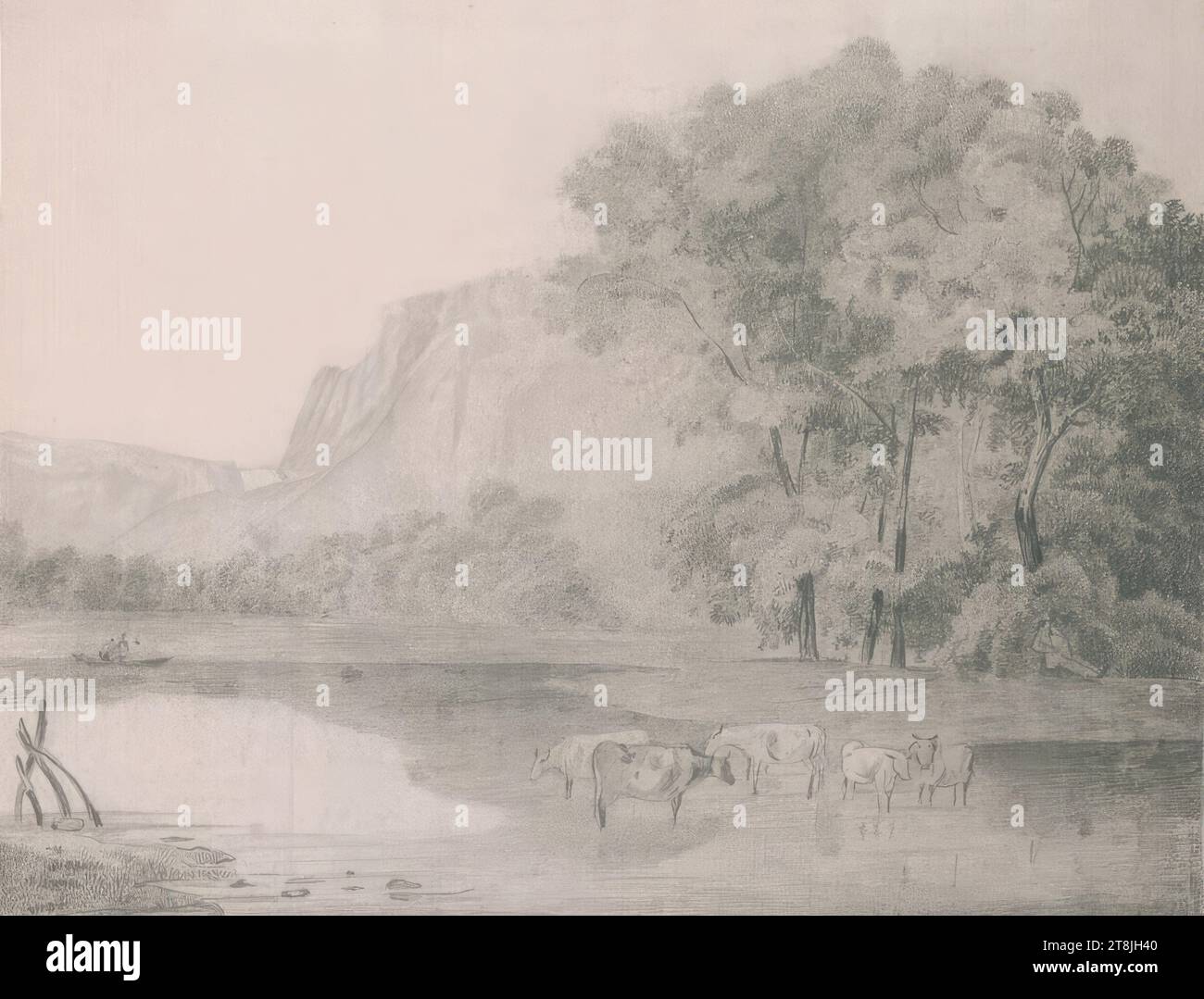 Mountain and lake landscape with cattle in the water, sketchbook Toma ...