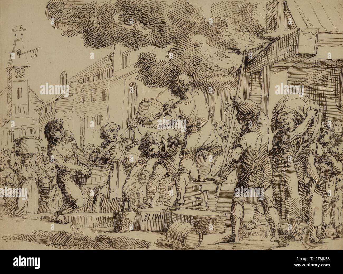 People extinguish flames of a burning wooden house near the town center ...