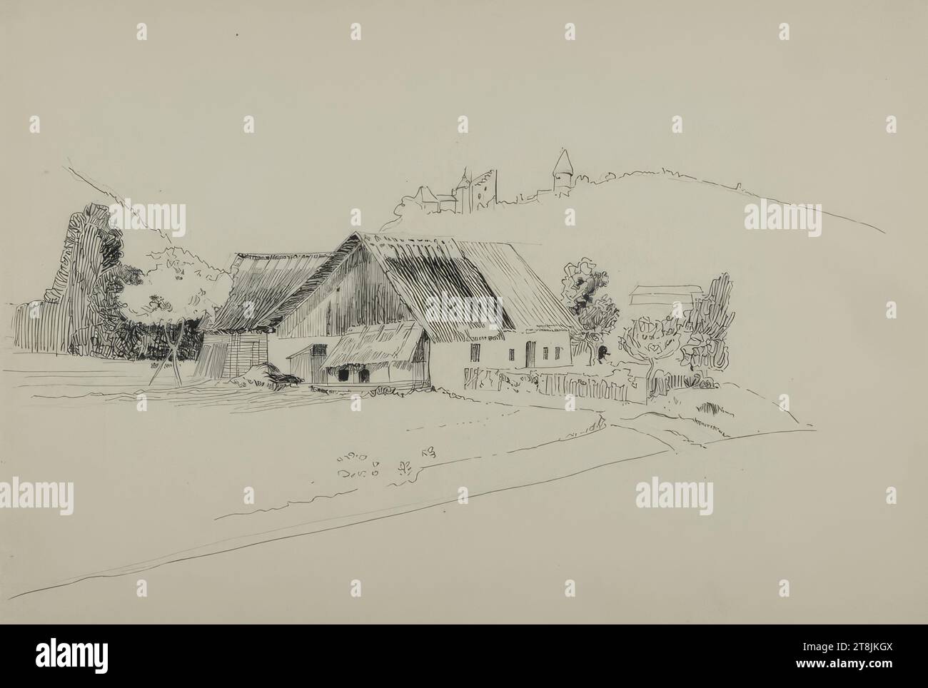Sketch of a farmhouse, in the background a castle, upside down ...