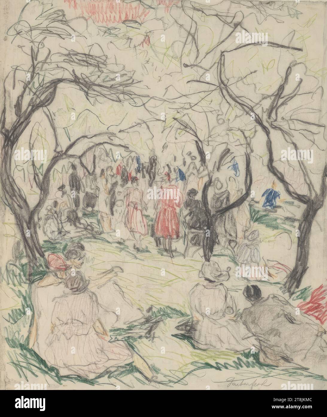 Garden party, Igo Pötsch, Graz 1884 - 1943 Vienna, drawing, pencil ...